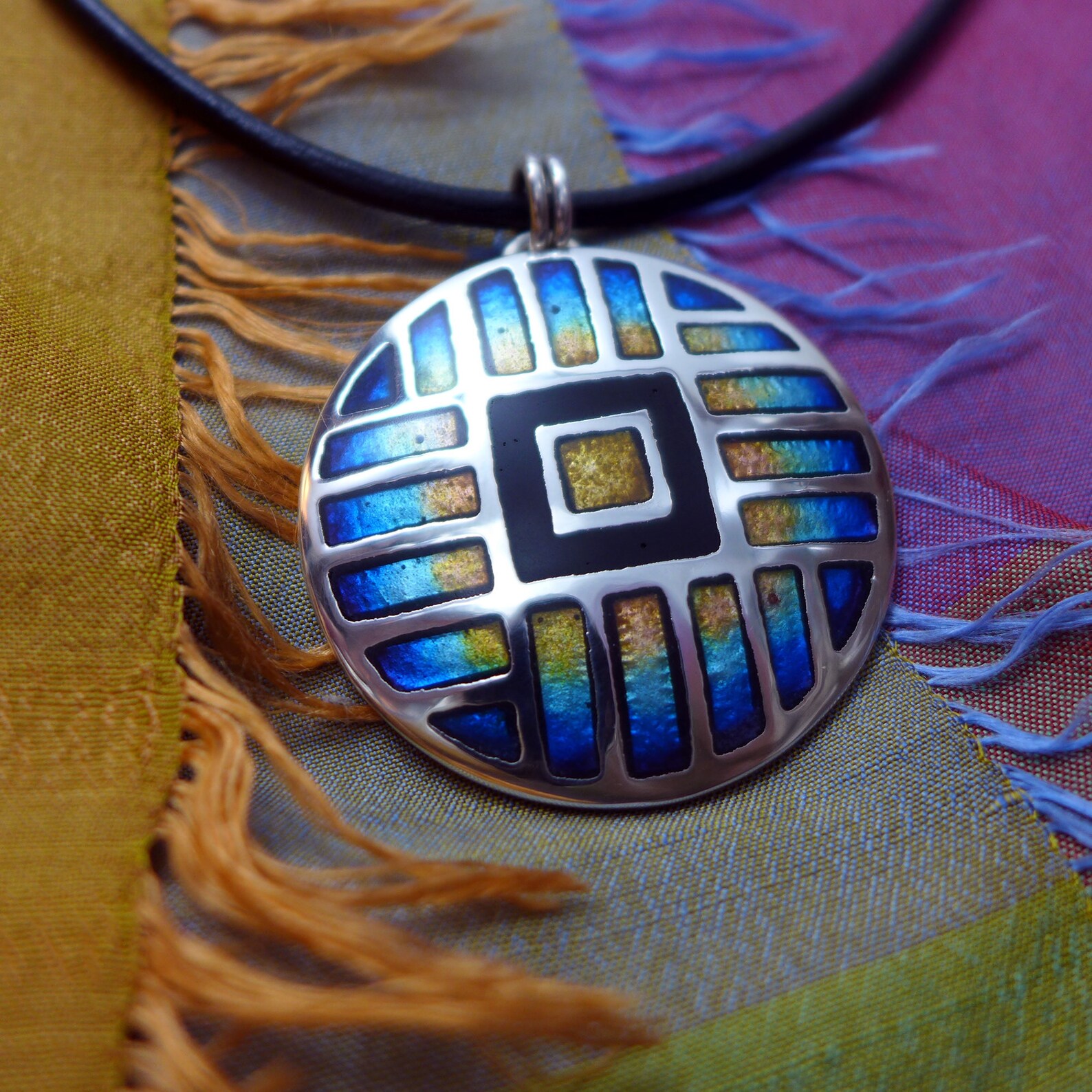 Champleve Enamel Pendant in Geometric Design With Blue Orange Black and ...