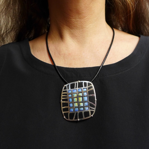 Pendant-Brooch in Champlevé Enamel Lattice Pattern Black and | Etsy