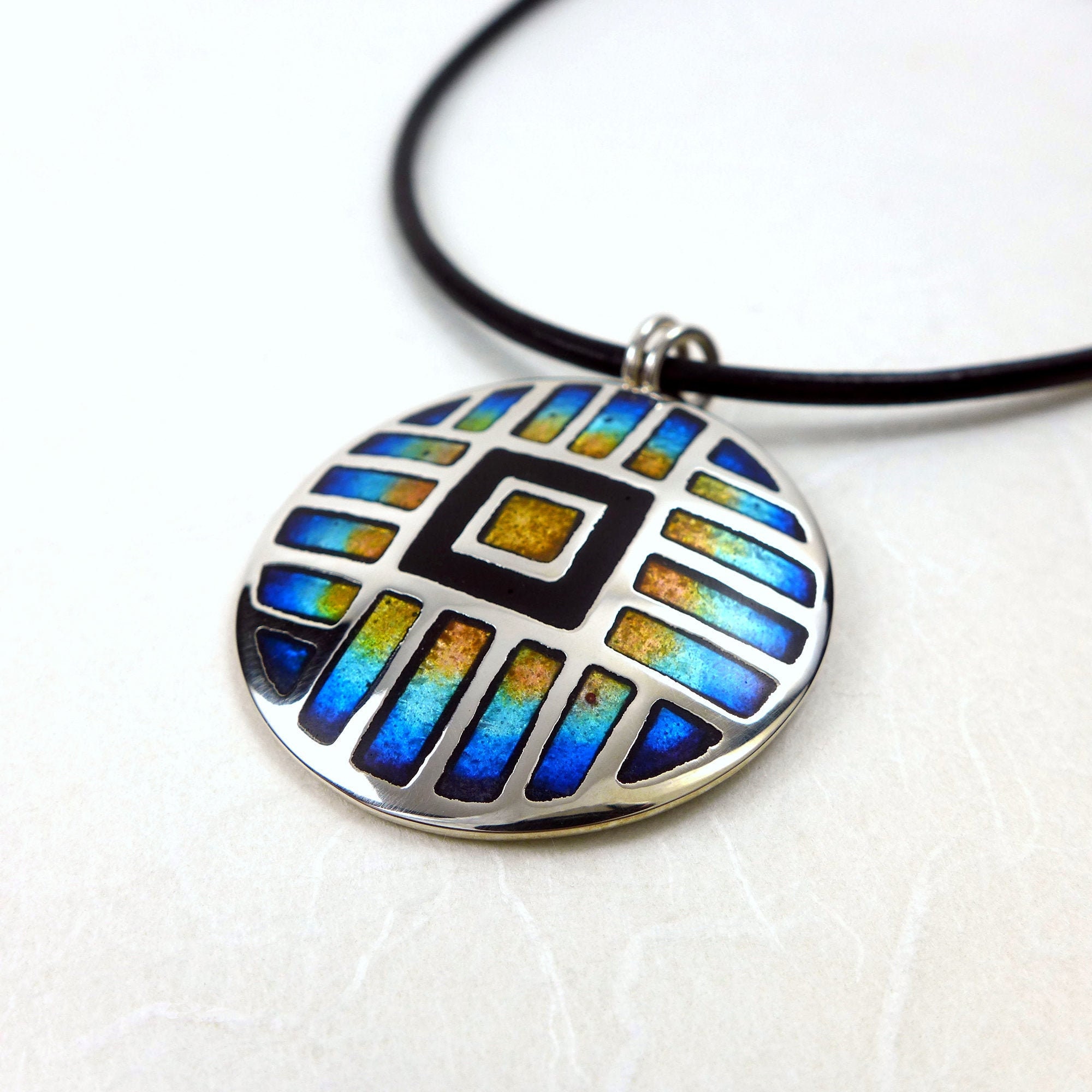 Champleve Enamel Pendant in Geometric Design With Blue Orange Black and ...