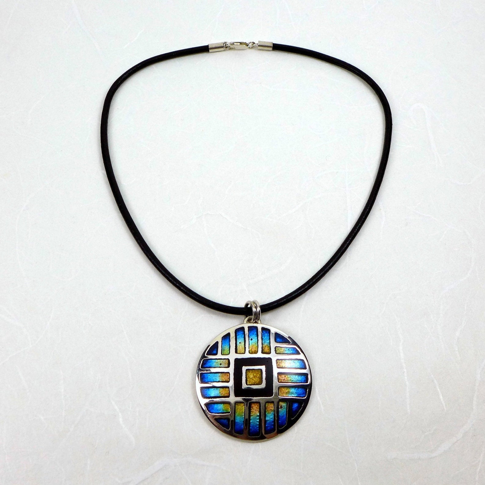 Champleve Enamel Pendant in Geometric Design With Blue Orange Black and ...