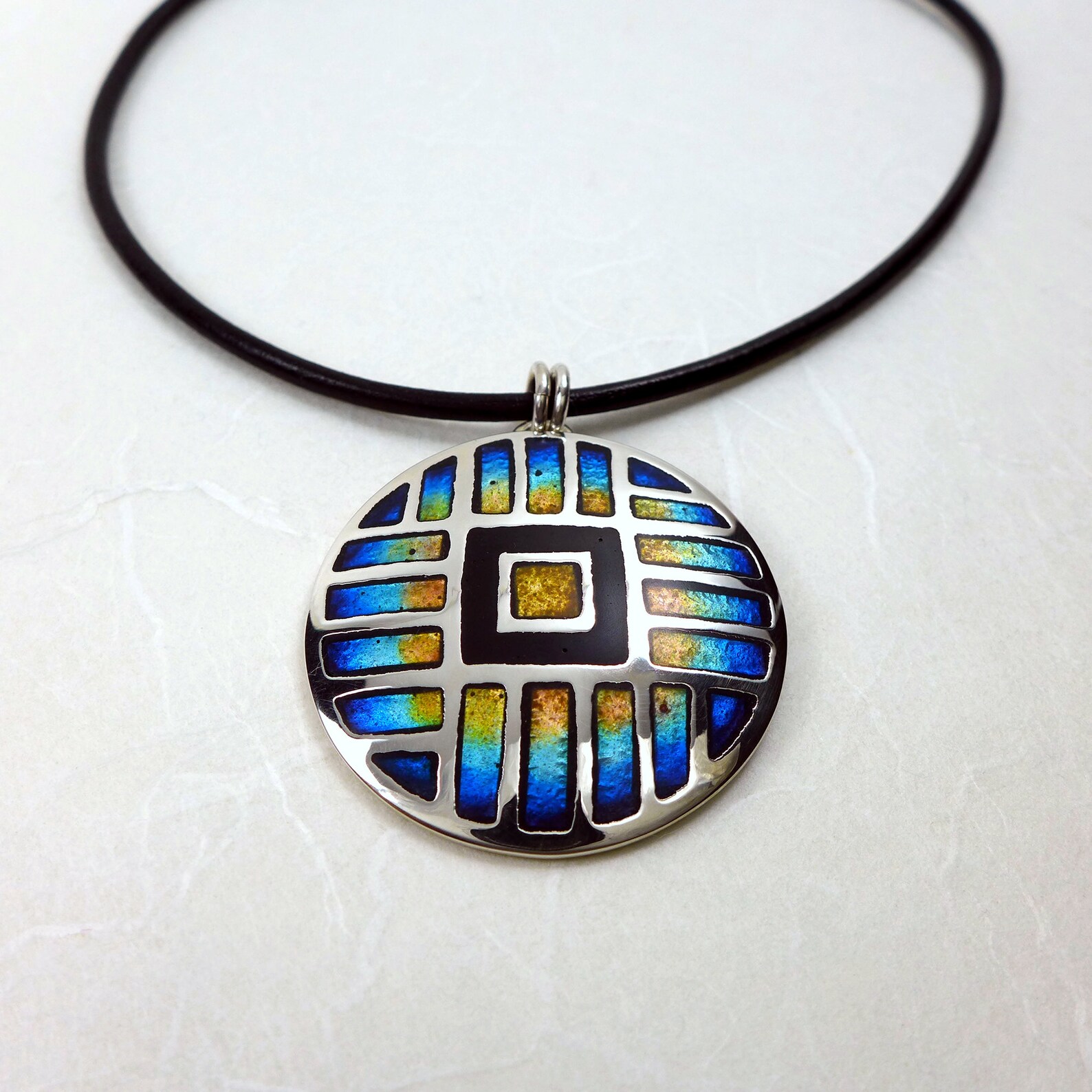 Champleve Enamel Pendant in Geometric Design With Blue Orange Black and ...