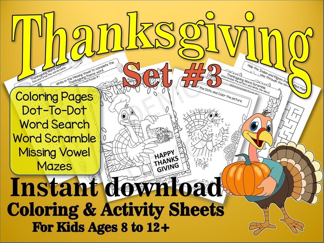 12 Printable Thanksgiving Coloring Puzzle Activity Worksheets (set 3 ...