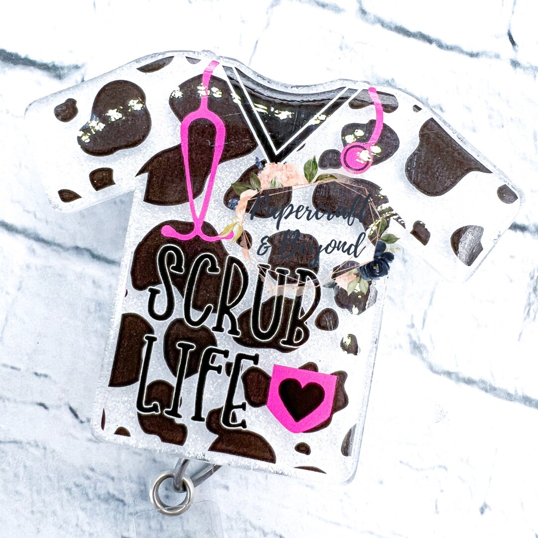 Cow Print Scrub Top Badge Reel, Custom Glitter Badge Reel, Nurse Badge ...