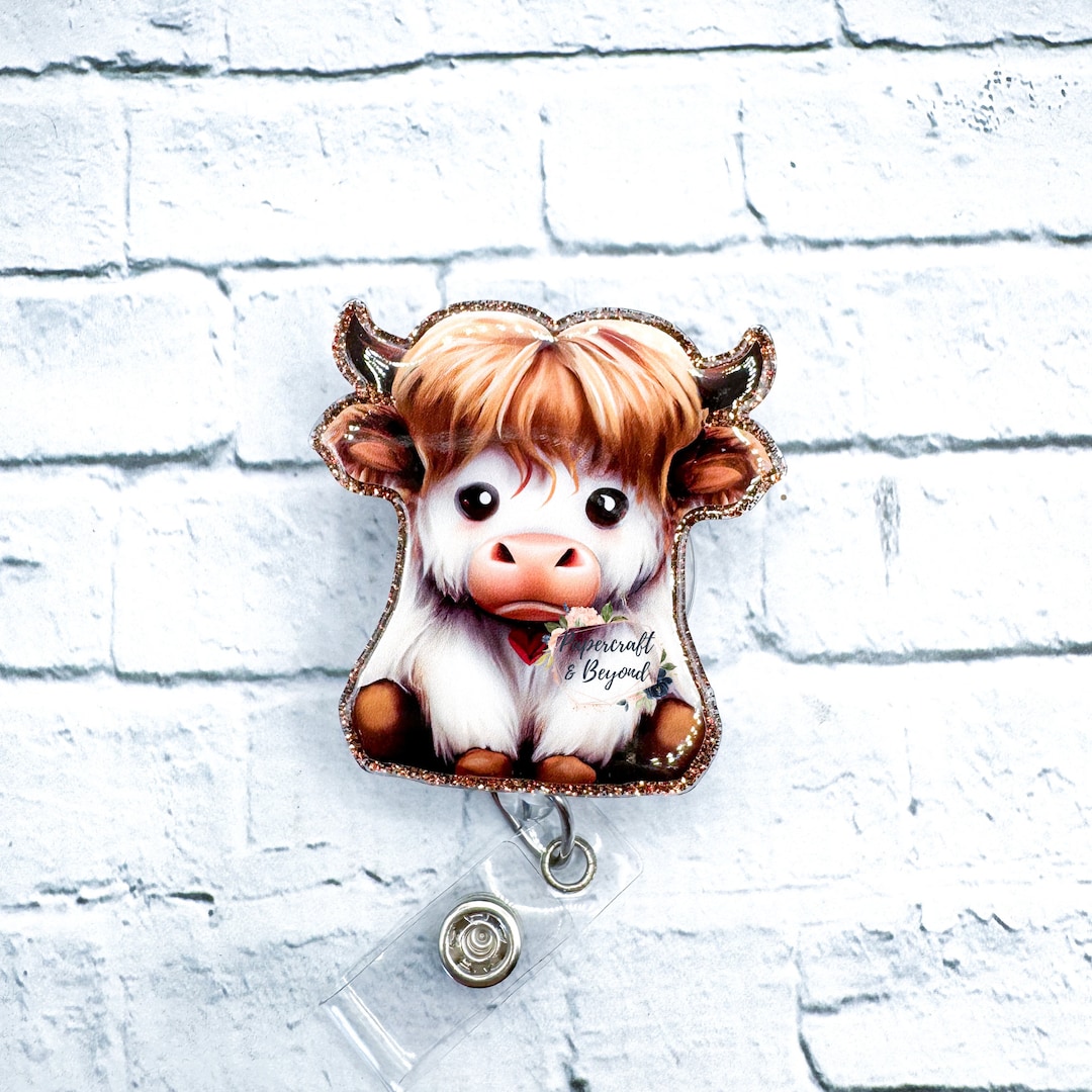 Cute Highland Cow Badge Reel, Animal Badge Reel, Custom Glitter Badge ...