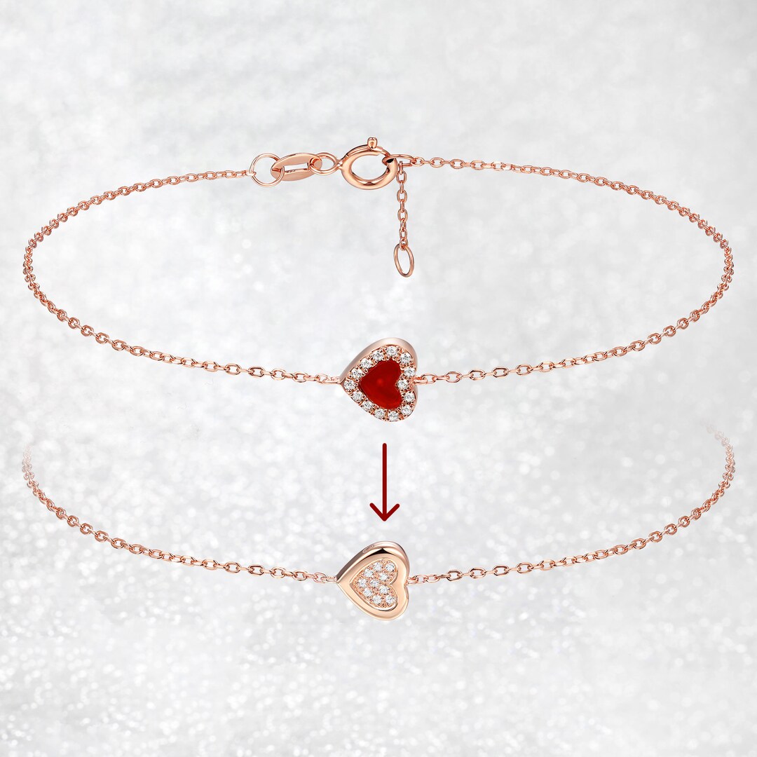 Red Heart Bracelet, Two Way Red Agate Charm Bracelet, Heart Halo Heart ...