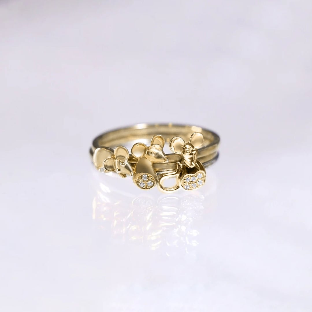 14K Gold Diamond Mouse Ring Set, Trio Color Stackable Rings, Pet ...