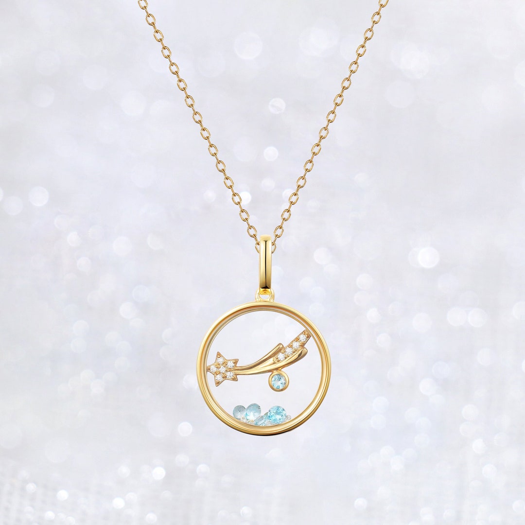 Solid Gold Meteor Star Topaz Necklace, Diamond Topaz Pendant, 14K Blue ...