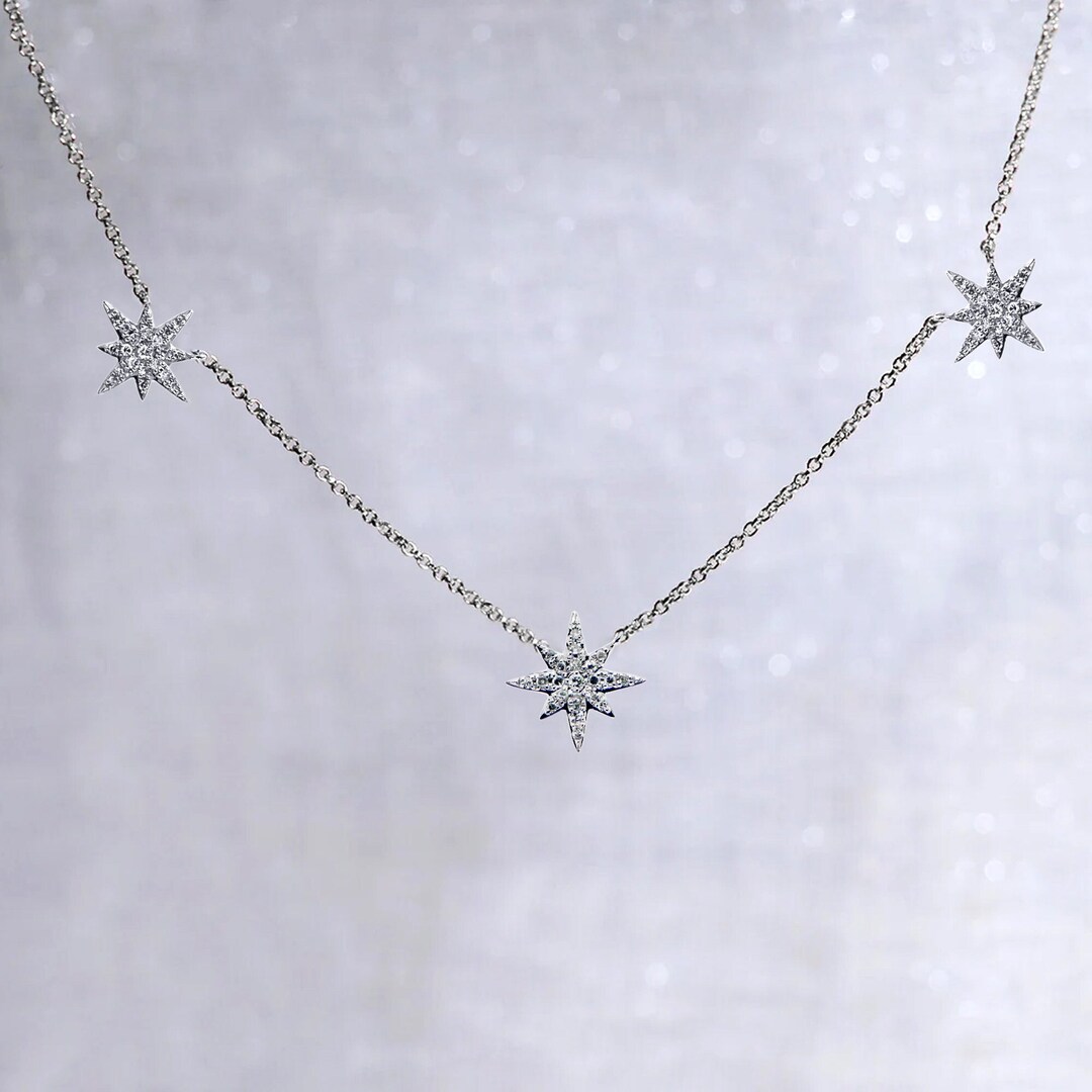 Three Diamond North Star Necklace, 14K Polar Star White Diamonds ...
