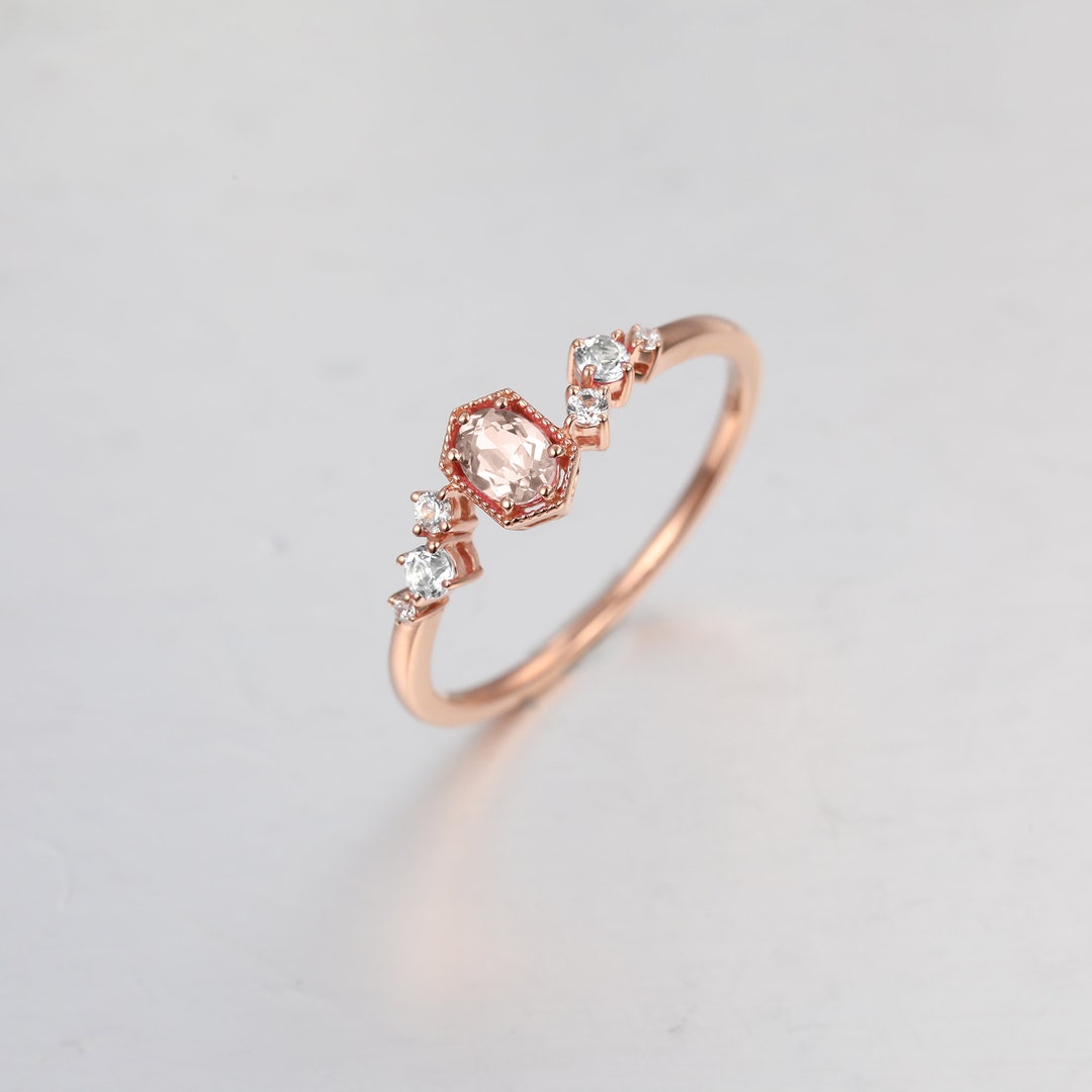 Oval Peach Morganite Promise Cluster Ring, 14K Rose Gold Pink Gemstone ...