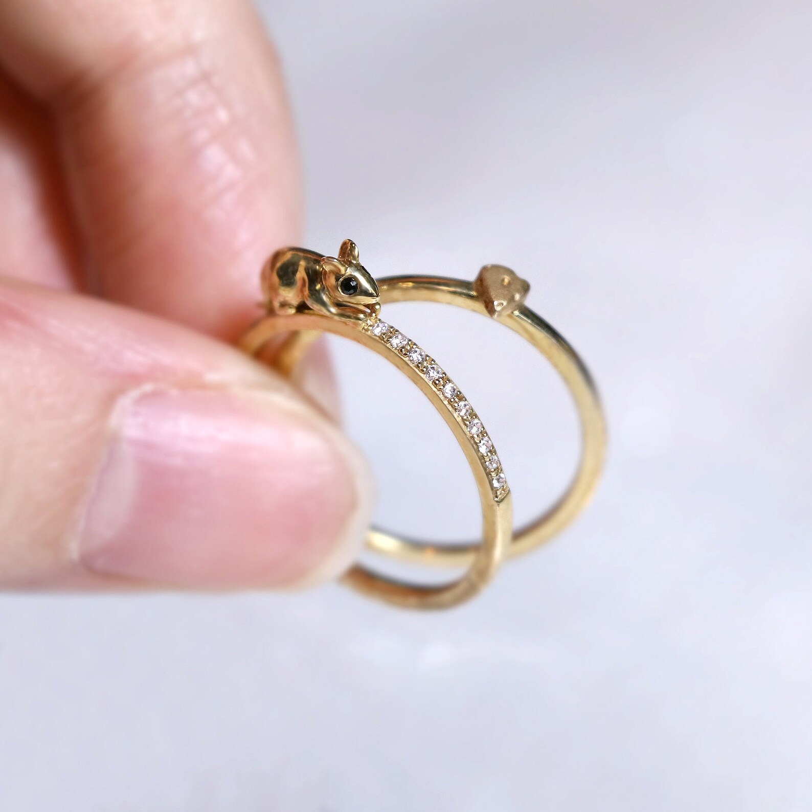 925S Sterling Silver Pet Rat Ring Set 14k Gold Mouse Diamond - Etsy