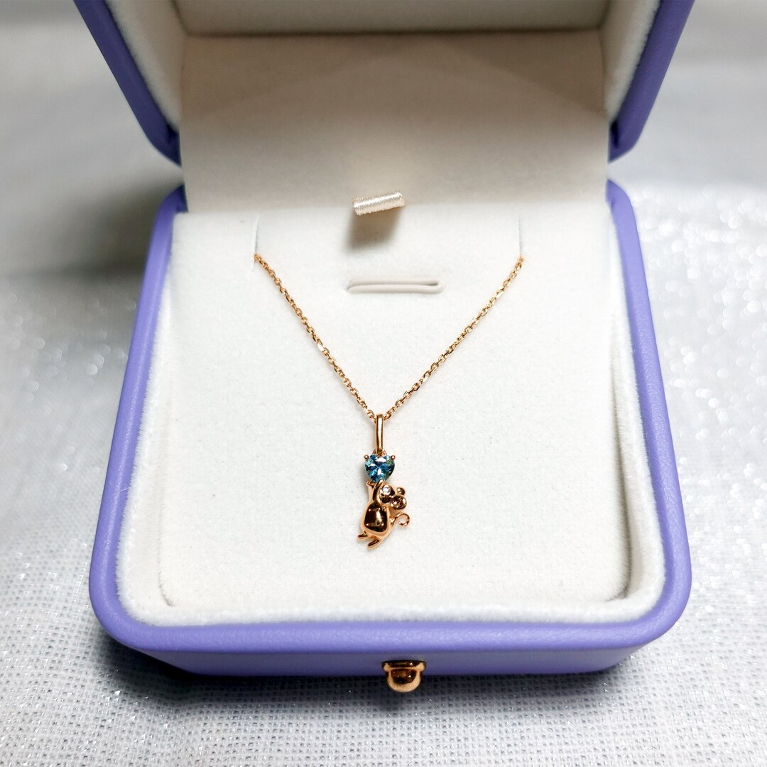 14K Heart Rat Necklace, Solid Gold Swiss Blue Topaz Mouse Pendant, Rose ...