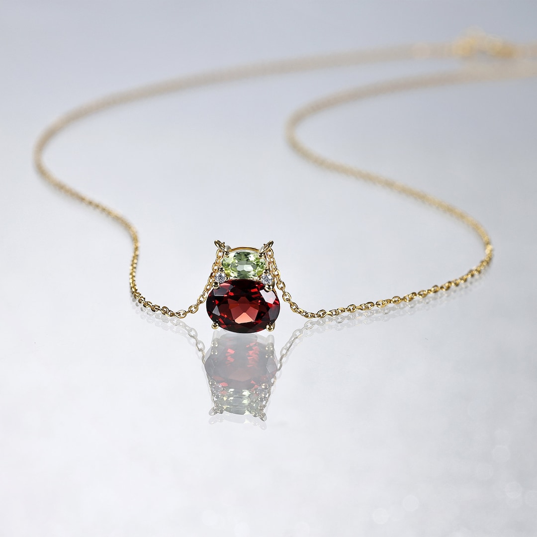 Peridot Garnet Two Stone Necklace, 14K Gold Diamond Accent - Etsy