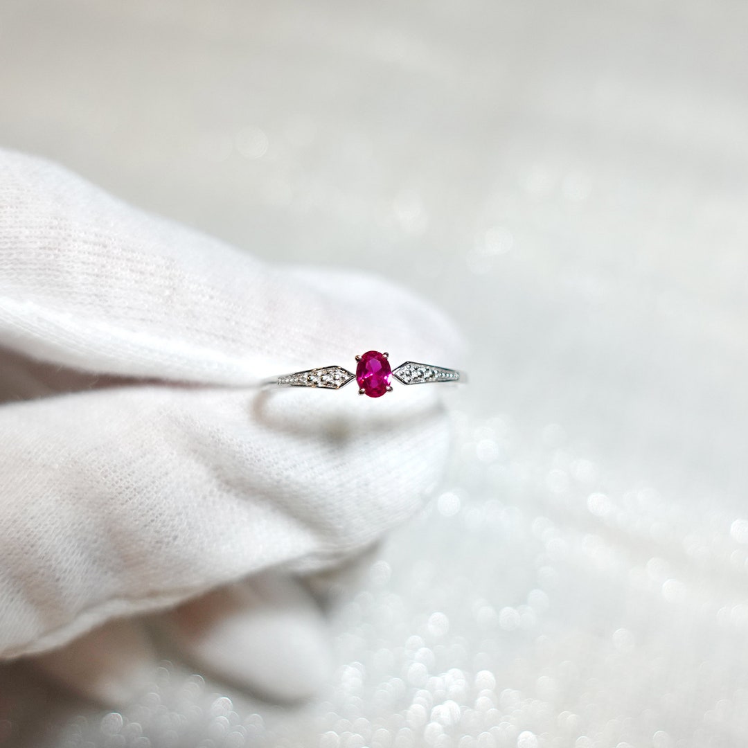 Silver Ruby Promise Ring, 14K White Gold Oval Vintage Lab Ruby Ring ...