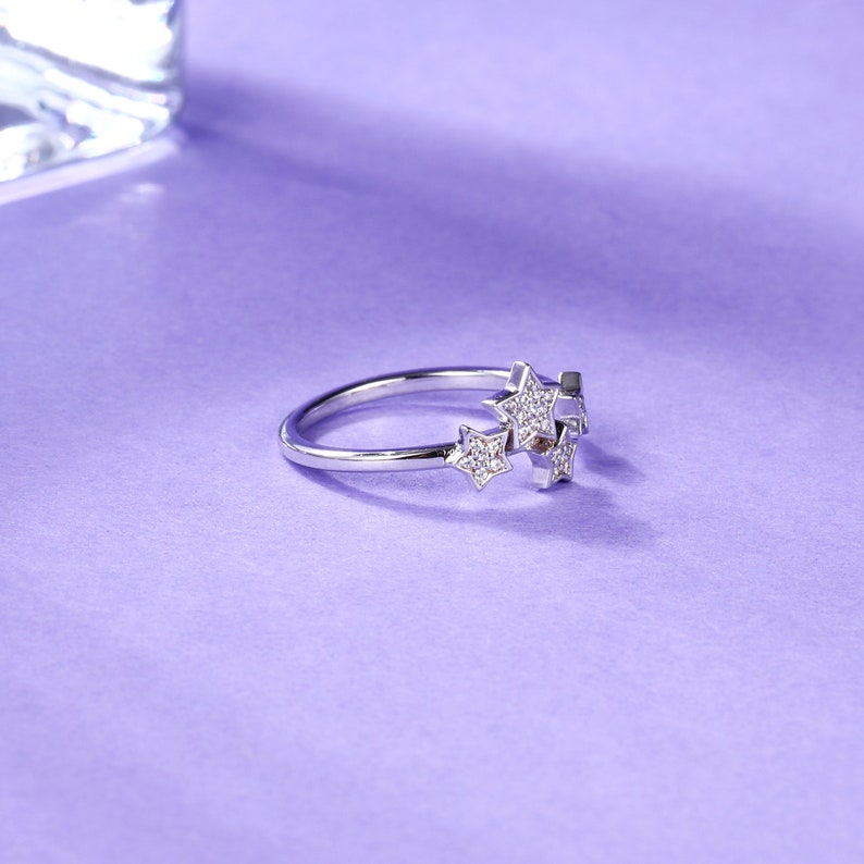 14K Solid Gold Four Star Diamond Stacking Ring 925S Sterling | Etsy