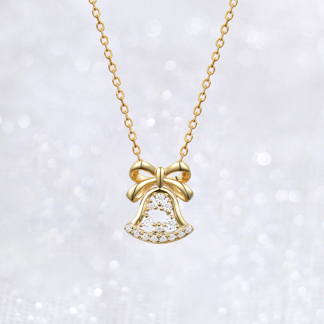Solid Gold Christmas Bell Necklace, Ribbon Bell Pendant, 14K White Gold ...