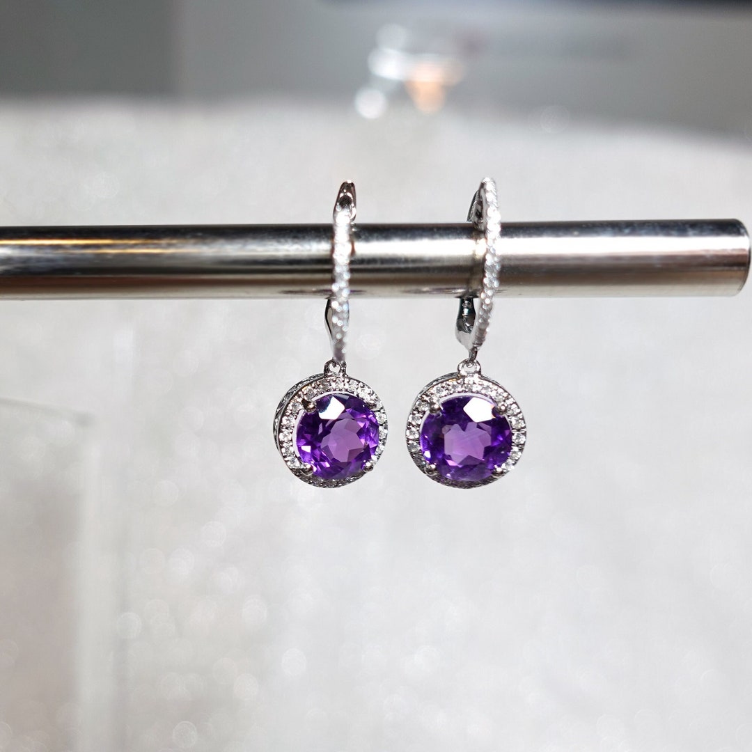 14k Gold Amethyst Dangle Earrings, Diamond Halo, Purple Gemstone Hoops ...
