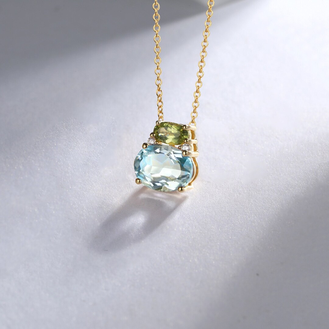 Peridot Topaz Two Stone Necklace, Diamond Custom Birthstone Gems ...