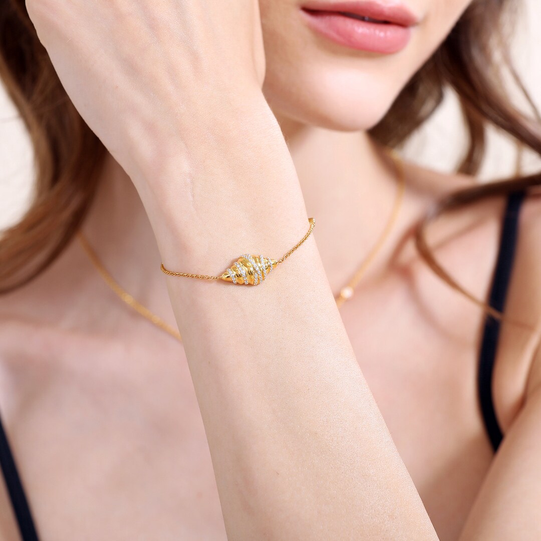 Croissant Bracelet, 14K Gold Croissant Diamond Bracelet, France Food Brand Bracelet, Silver ...