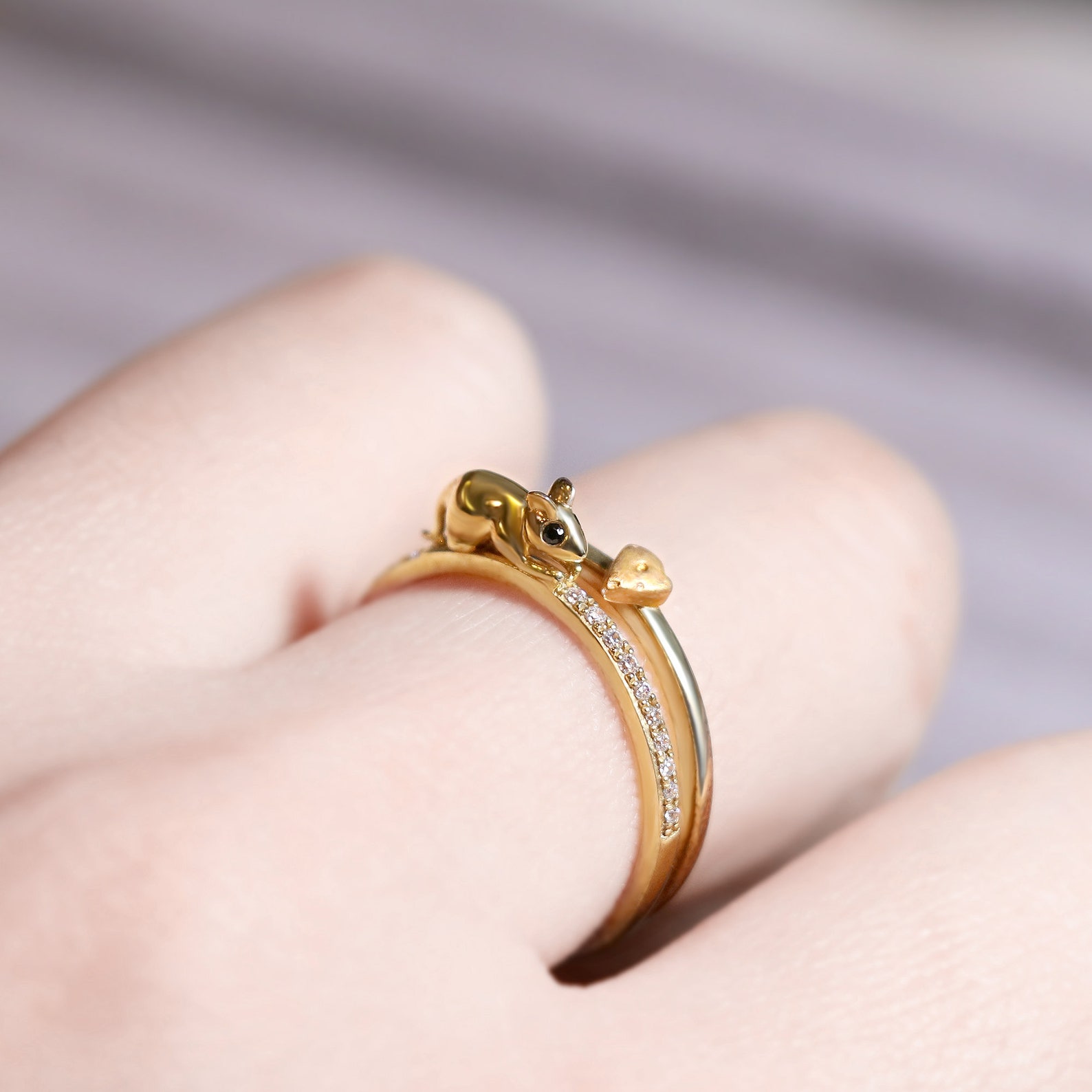 Silver Unique Statement Baby Mouse Ring Yellow Gold Year of - Etsy