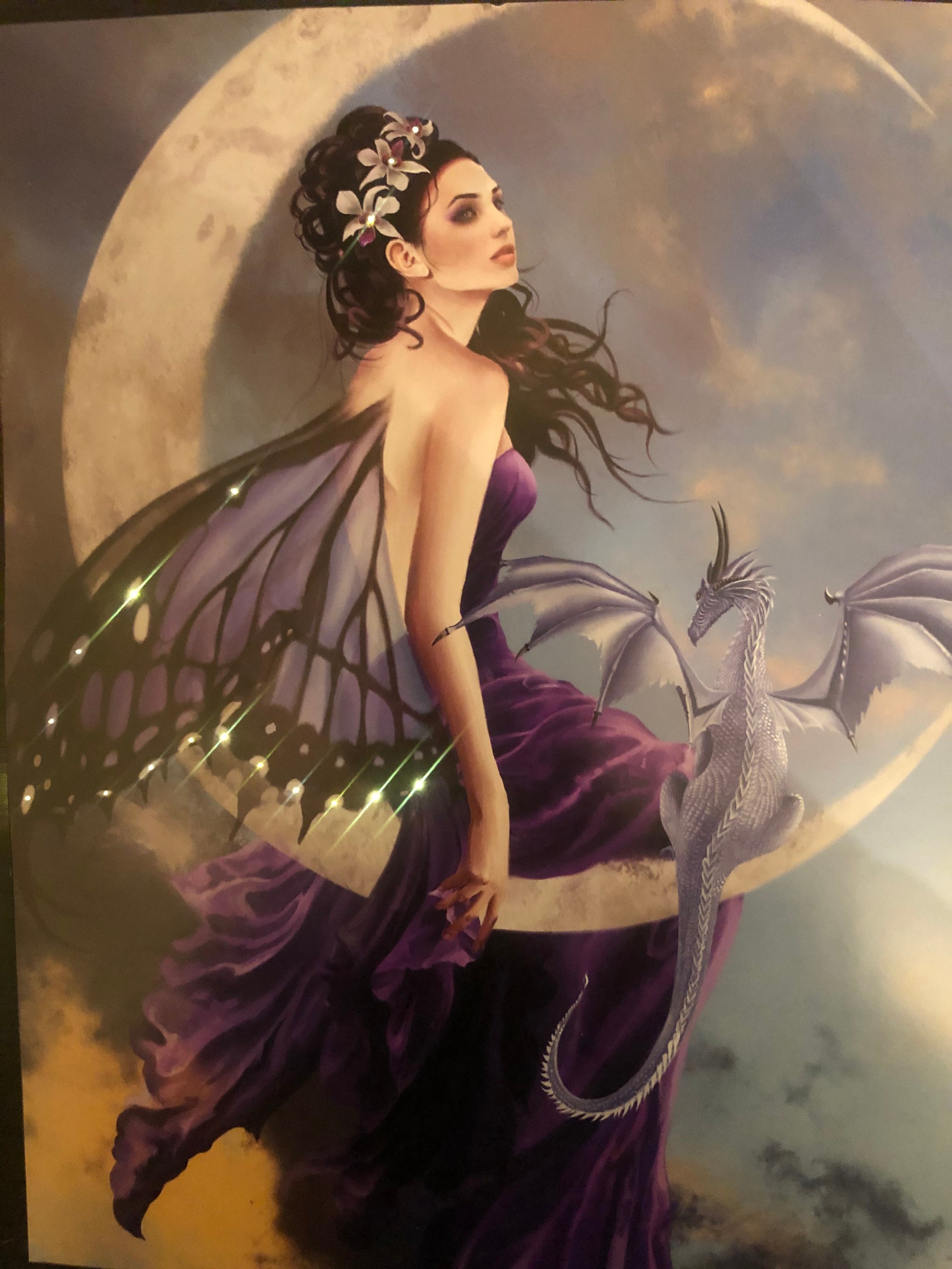 Lovely Fairy and dragon companion sitting on crescent moon in | Etsy