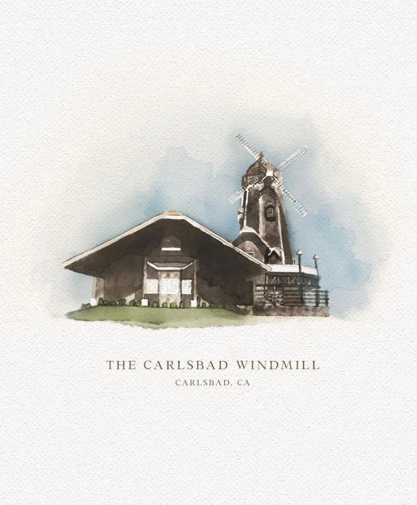 Carlsbad Windmill Wedding Venue Watercolor Illustration, Anniversary ...