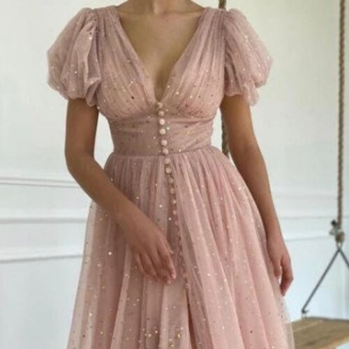 Starry Pink Tulle Dress Prom Dress V Neck Short Sleeves Etsy