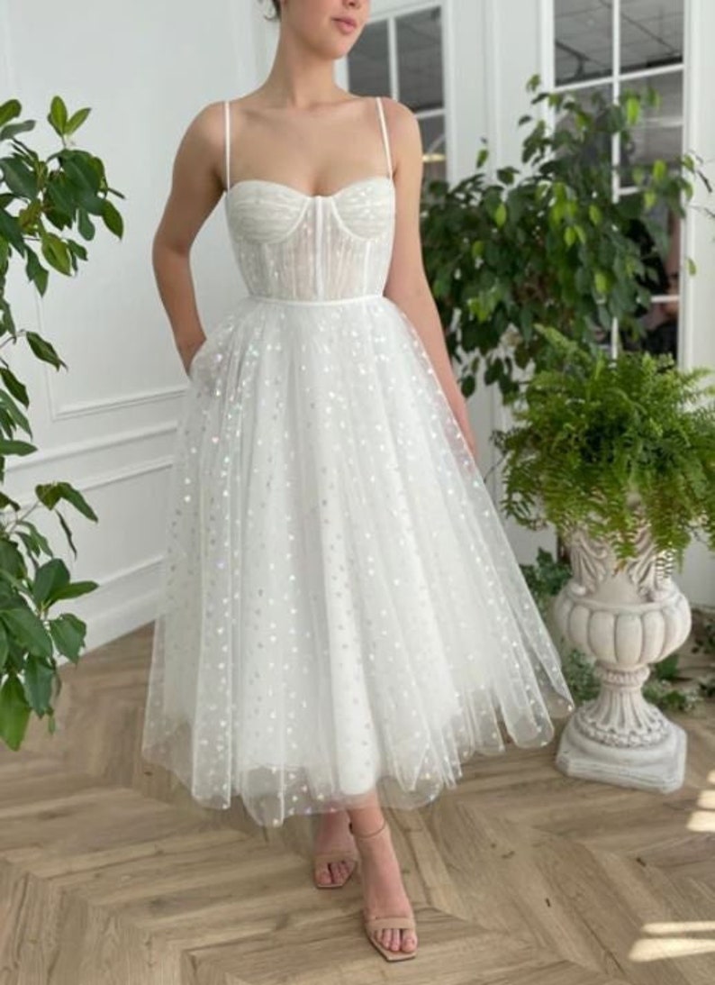 White Tulle Prom Dress Spaghetti Straps Midi Prom Gown Etsy