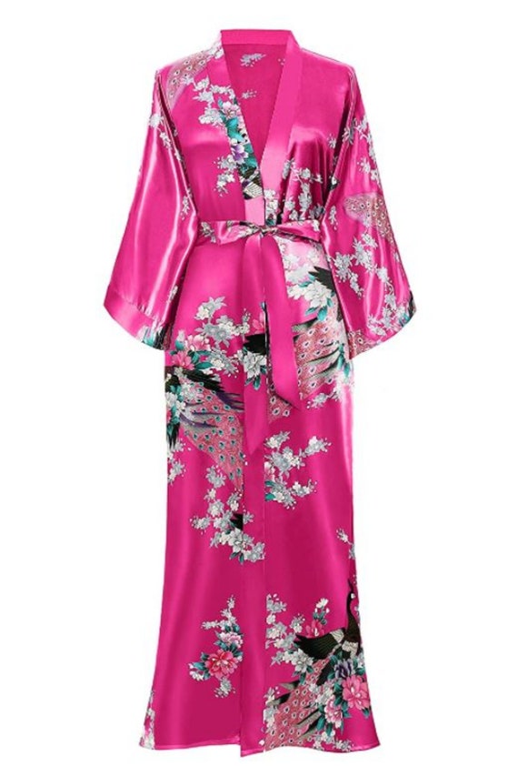 Beautiful Hot Pink Satin Kimono Peacock and Blossoms Floral - Etsy ...