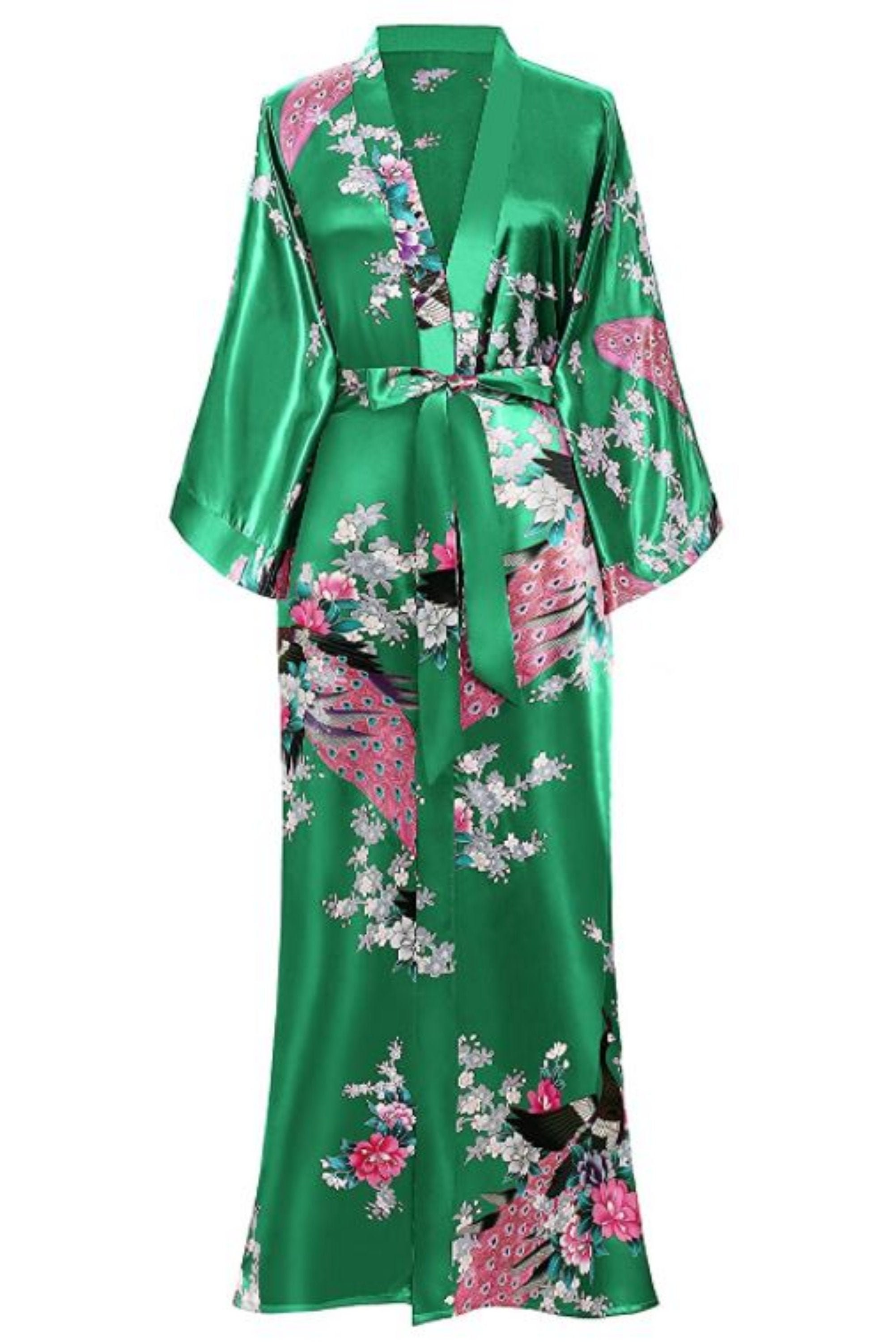 Beautiful LONG Satin Kimono Robe Peacock and Blossoms Green - Etsy