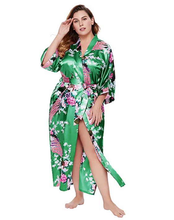 Beautiful LONG Satin Kimono Robe Peacock and Blossoms Green - Etsy
