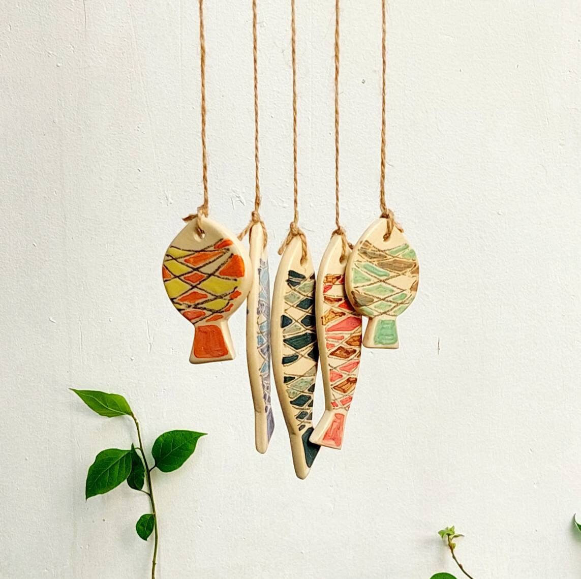 DOODLE PATTERN FISHES, Ceramic Wind Chime, Wind Chimes for Outdoors ...