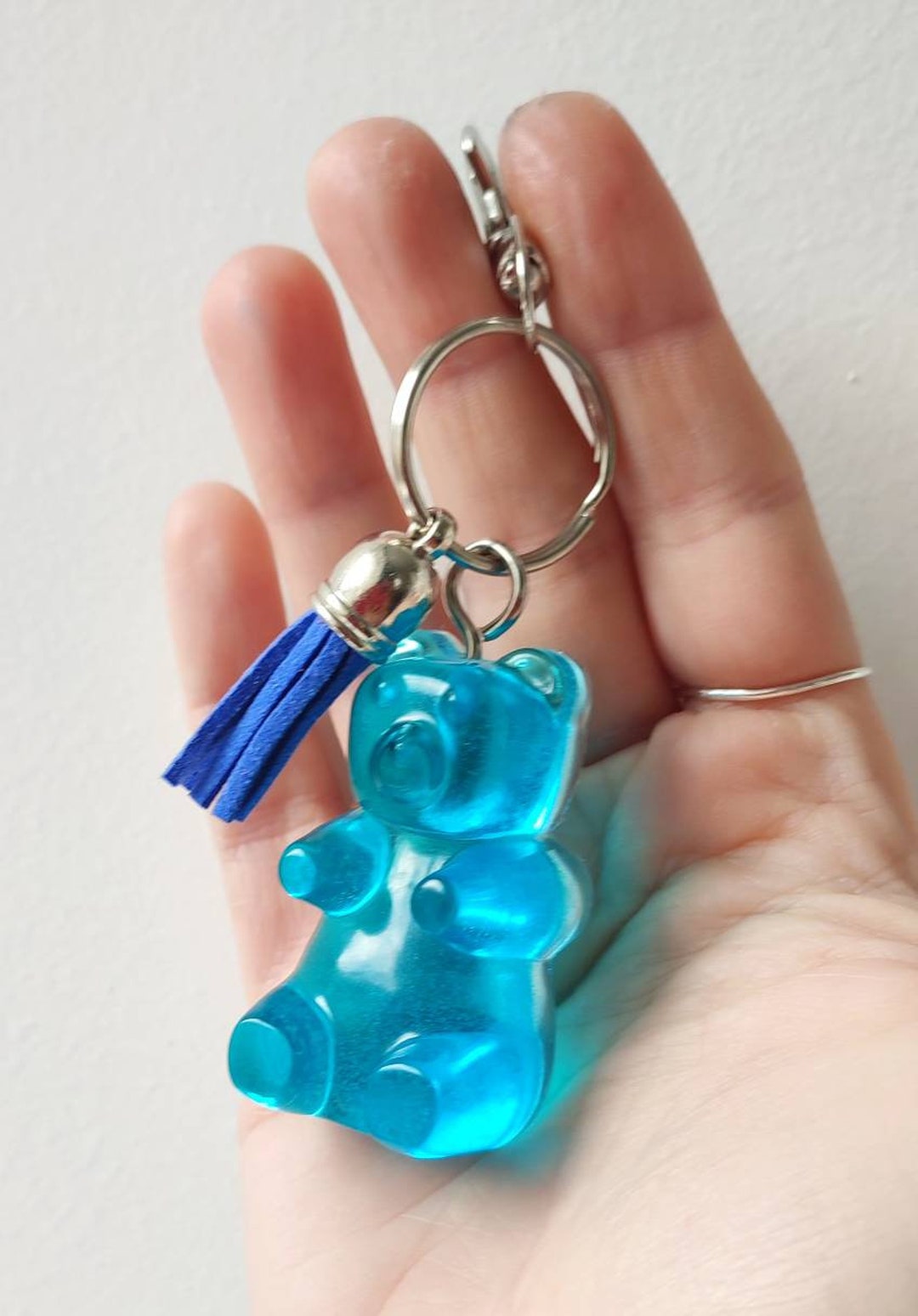 Epoxy Resin Keychain With Gummy Bear Transparent Blue, Candy Keychain ...