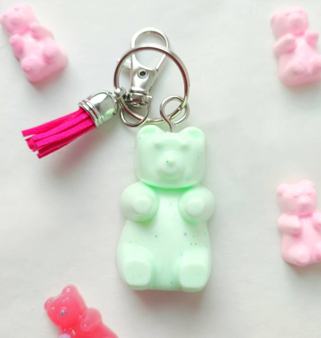 Epoxy Resin Keychain With Gummy Bear Pastel Green, Candy Keychain ...