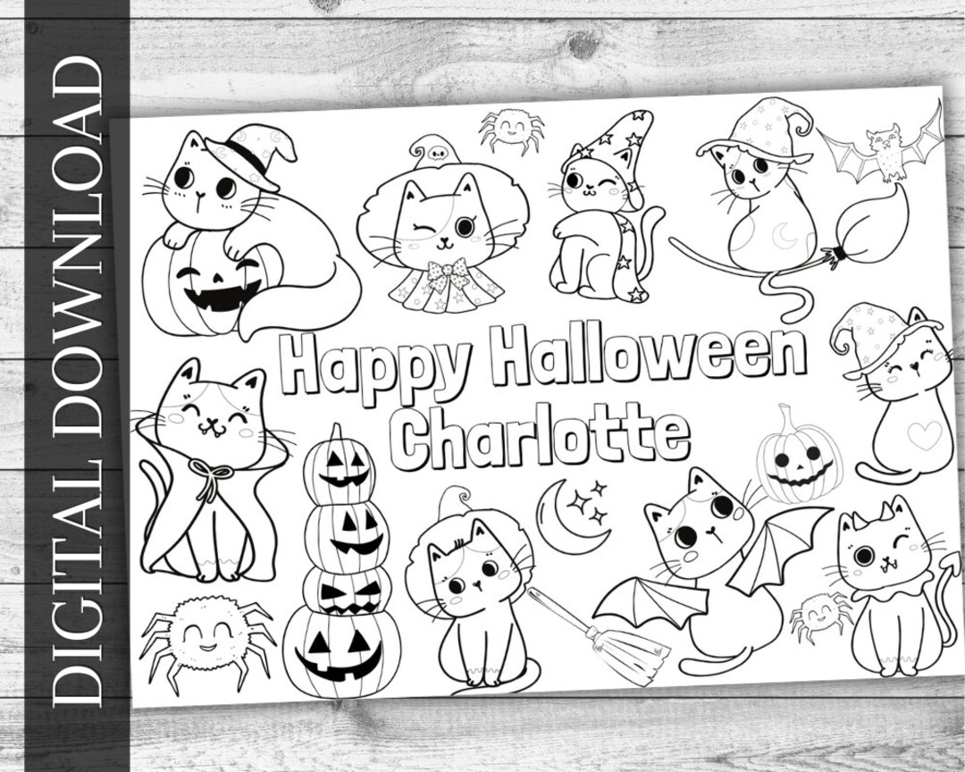 Children's Spooky Cat Halloween Colouring for Kids Party Gift PNG ...