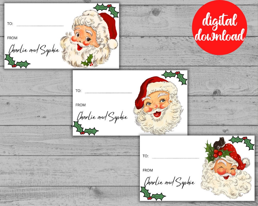 Digital Christmas Gift Name Tags. Set of 6 Personalised Vintage Santa ...