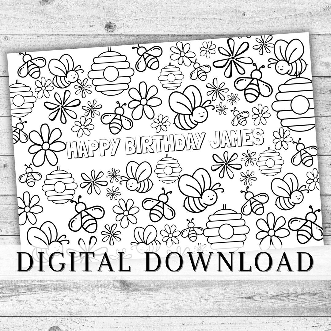 Personalised Bumble Bee DIGITAL Download Birthday Colouring Page. Party ...
