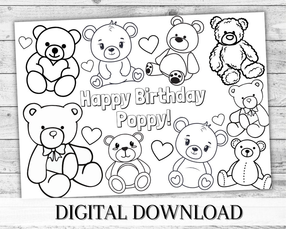 Kids Teddy Bear DIGITAL Colouring Placemat. Wedding Seating Activity ...