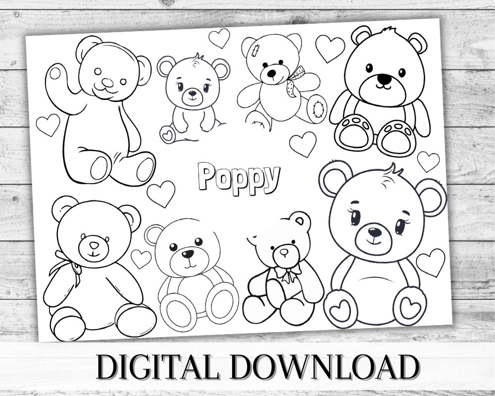 Kids Teddy Bear DIGITAL Colouring Placemat. Wedding Seating Activity ...