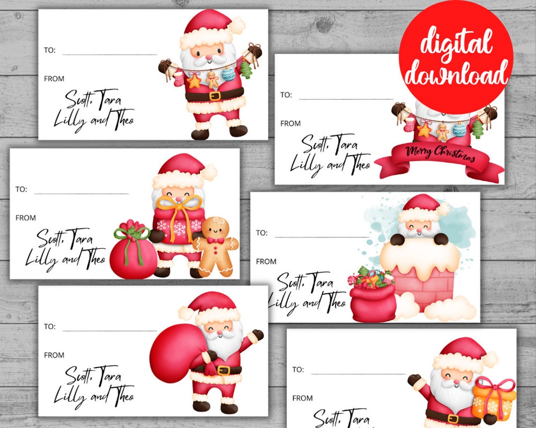 Santa Digital Christmas Gift Name Tags. Set of 6 Personalised Printable ...