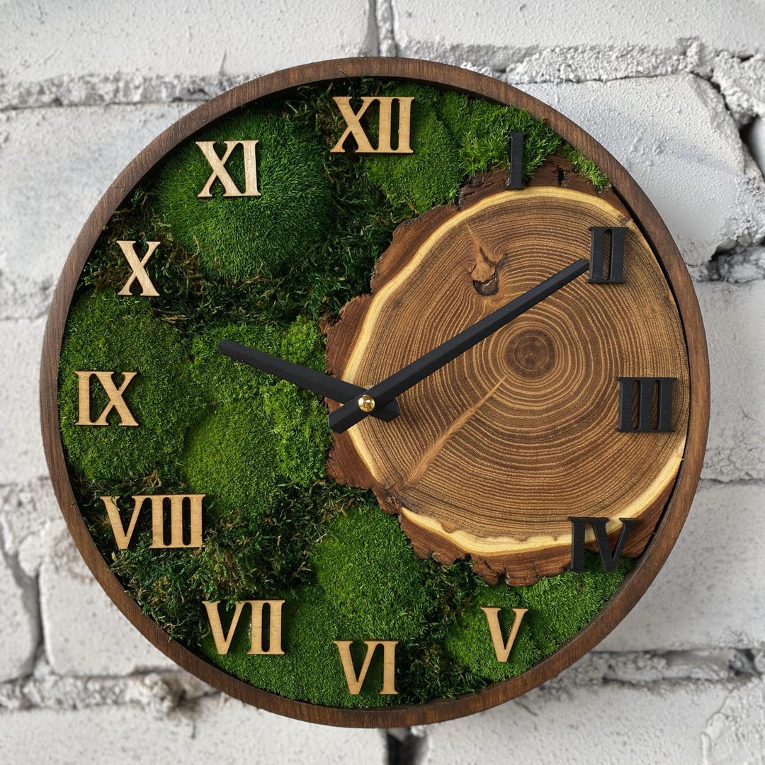 Moss Art, Moss Clock, Wooden Wall Clock, Made of Moss, Rustic Wall ...