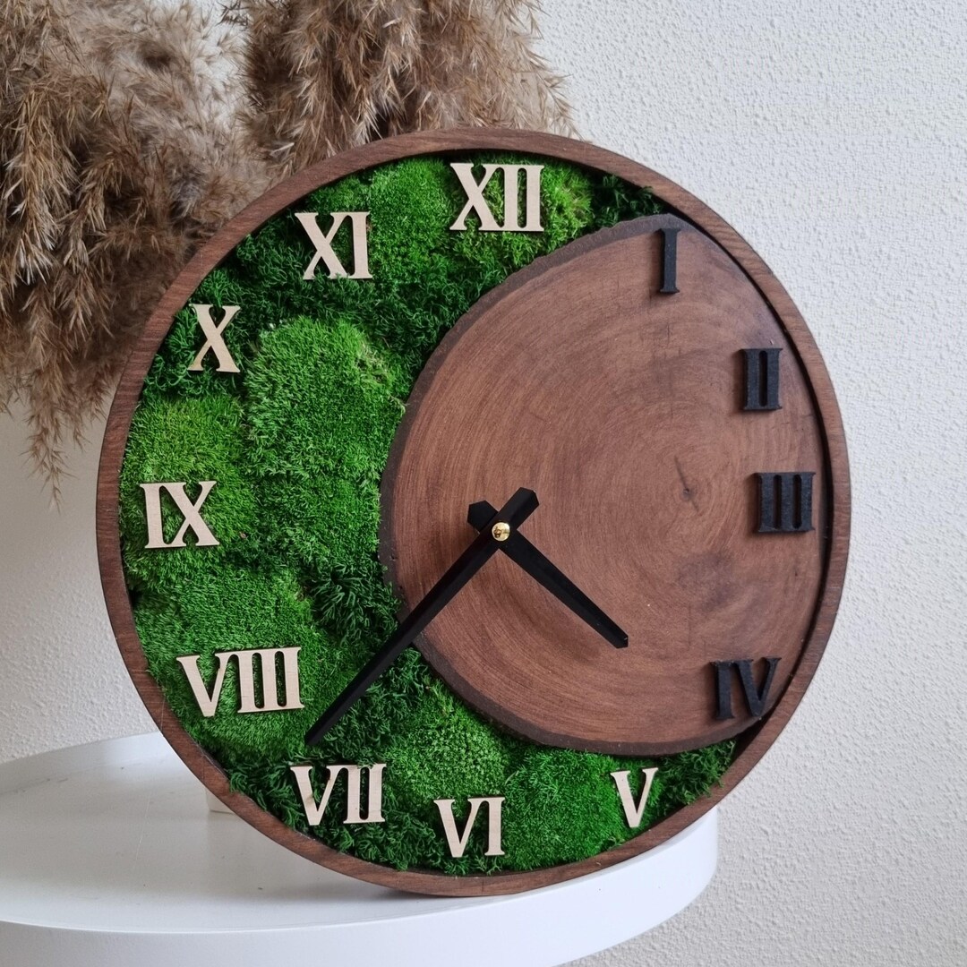 Moss Art, Moss Clock, Wooden Wall Clock, Made of Moss, Rustic Wall ...
