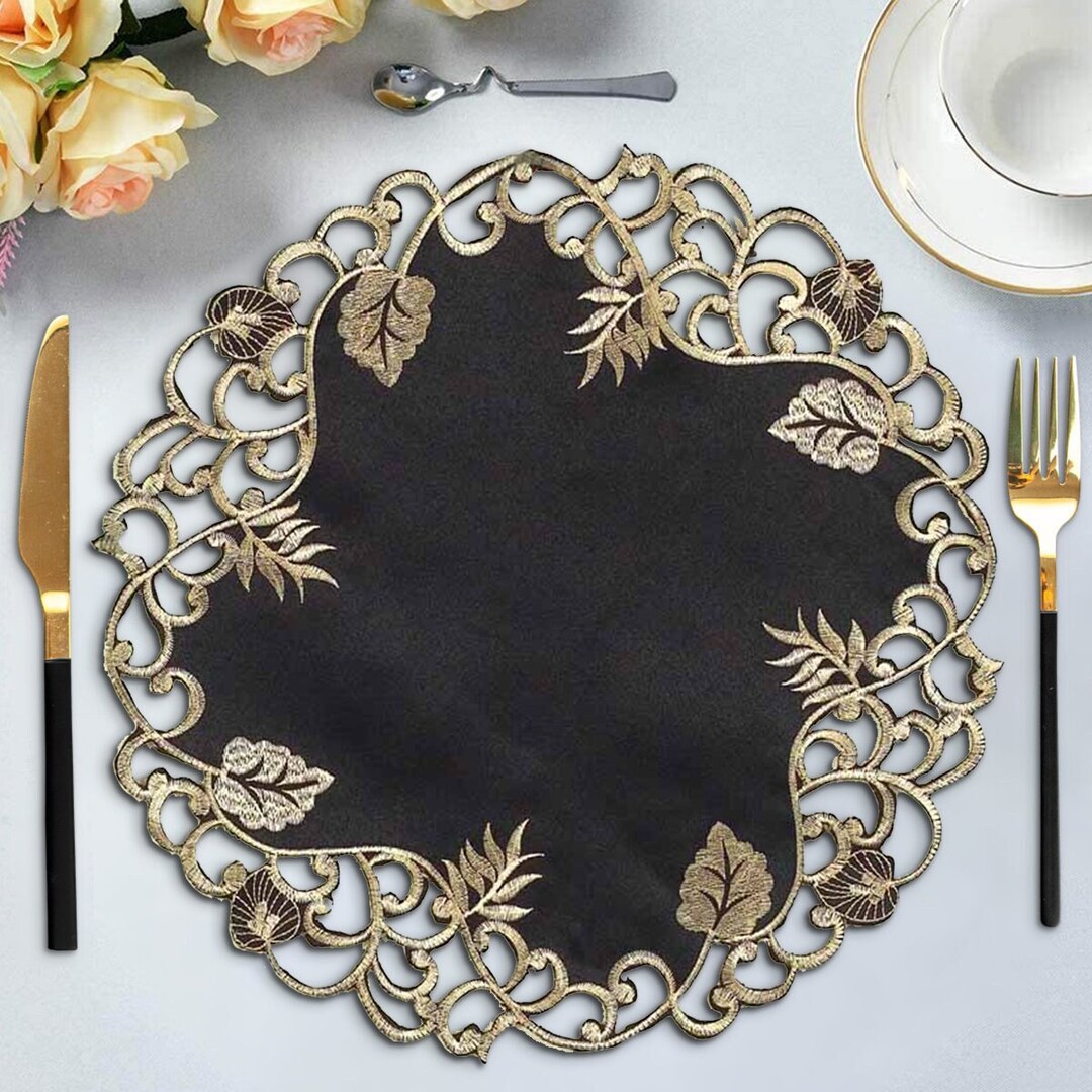 Round Doilies, Set of 4 8 12, Black Gold Red, Polyester Table Linen ...