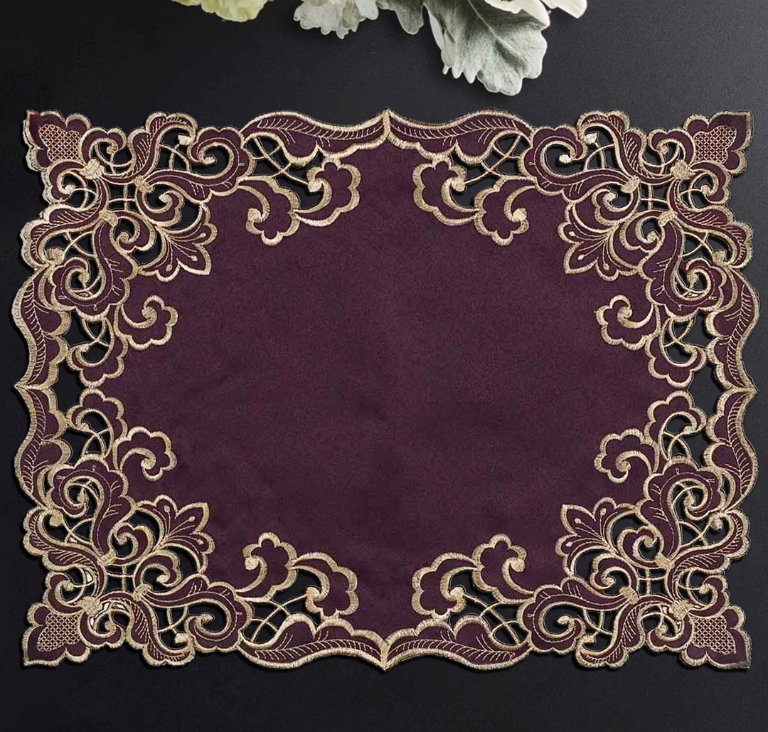 Gold Purple Placemats Set, Vintage Table Runner, Embroidered Doilies ...