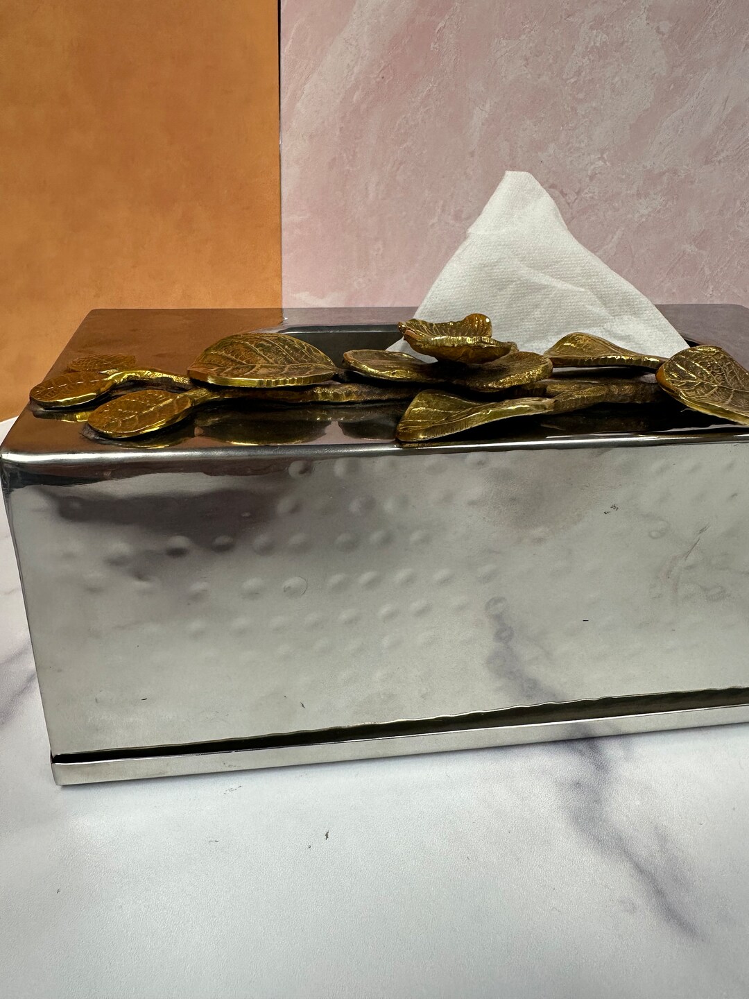 Hammered Rectangular Tissue Box Cover With Orchid Accent Shiny Surface ...