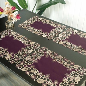 Gold Lace Plum Table Runner, Leaf Design, Embroidered Doilies ...