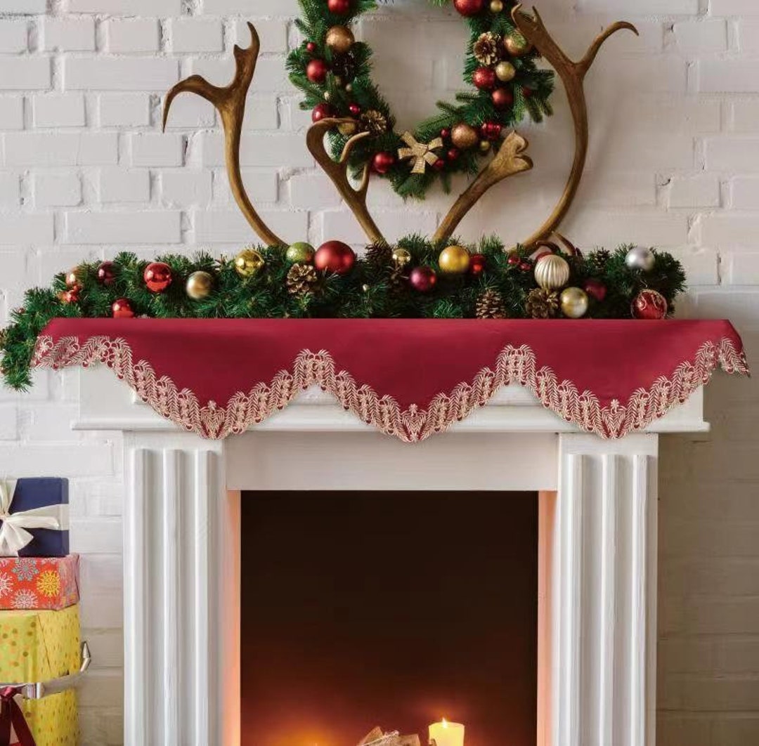 Red Gold Mantle Scarf, Fireplace Decor, Embroidered Doilies, Floral ...