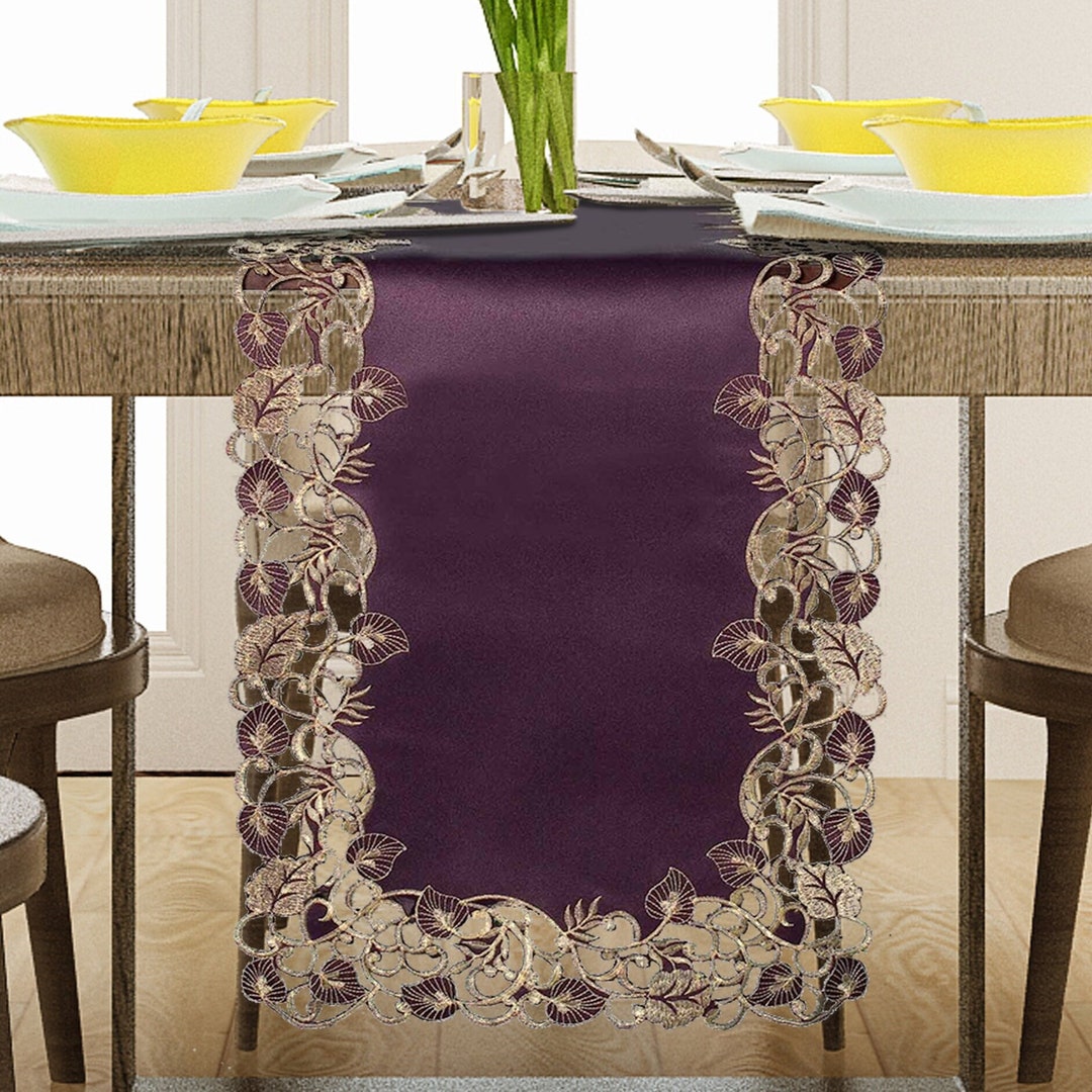 Gold Lace Plum Table Runner, Leaf Design, Embroidered Doilies ...