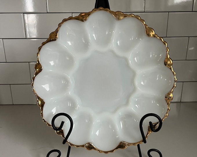 Vintage Milk Glass Deviled Egg Plate With Gold Trim, Milk Glass Egg ...