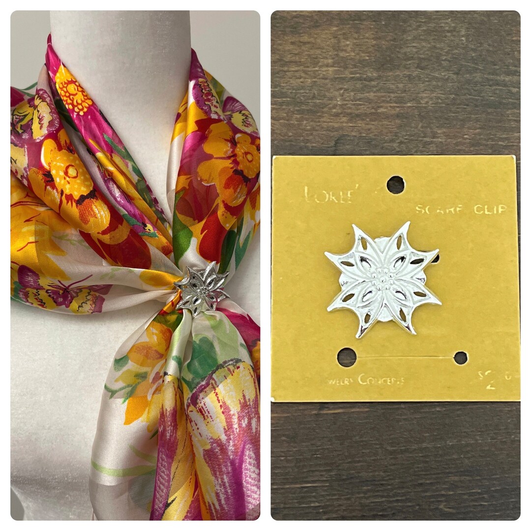 Vintage Loree Floral Scarf Clip, 80s Scarf Clip, Silver Tone Metal ...