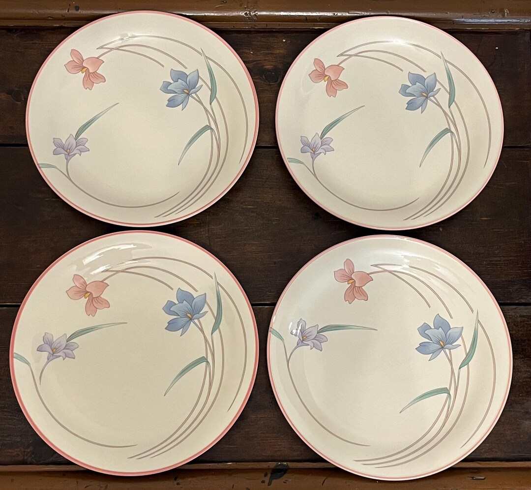 4 Sango Bordeaux Dinner Plates, Pastel Floral Plates, 80s Dinner Plates ...